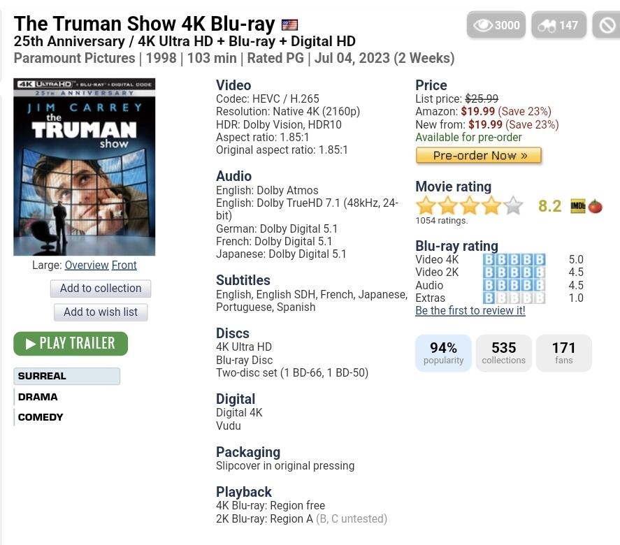 트루먼쇼 4K 북미판 블닷컴 별점 - DPrime