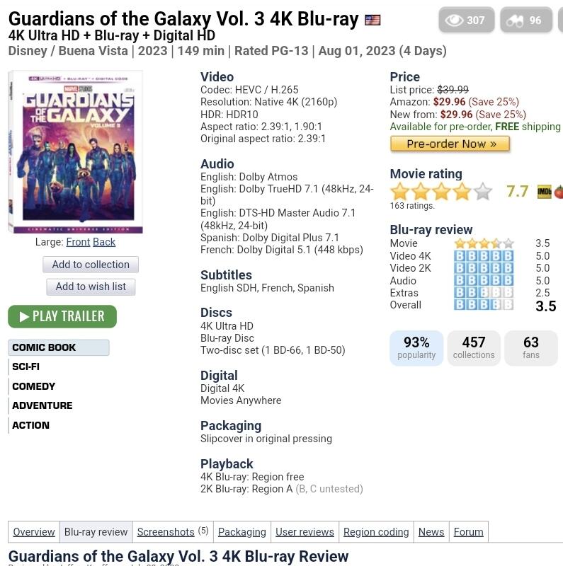 가디언즈 오브 더 갤럭시 3 4K 블닷컴 별점 - DVDPrime