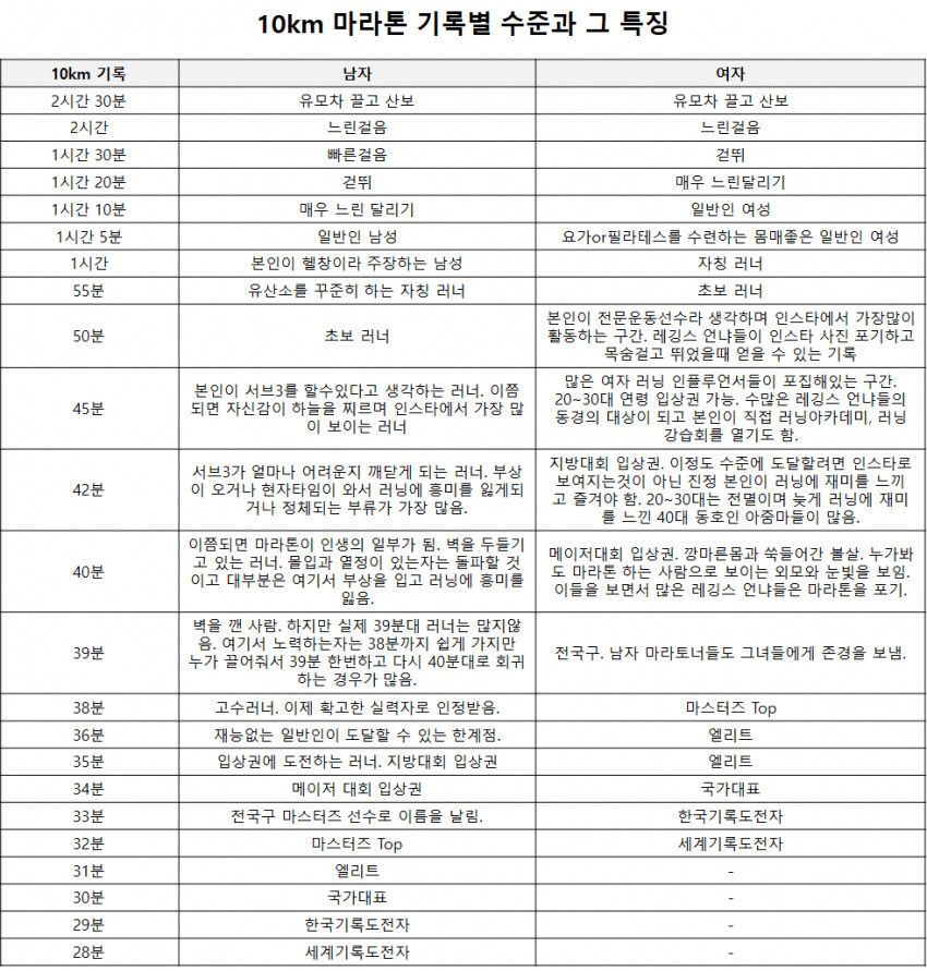 재미로 보는 10km 달리기 등급표(디시 러닝갤발) - MANIA