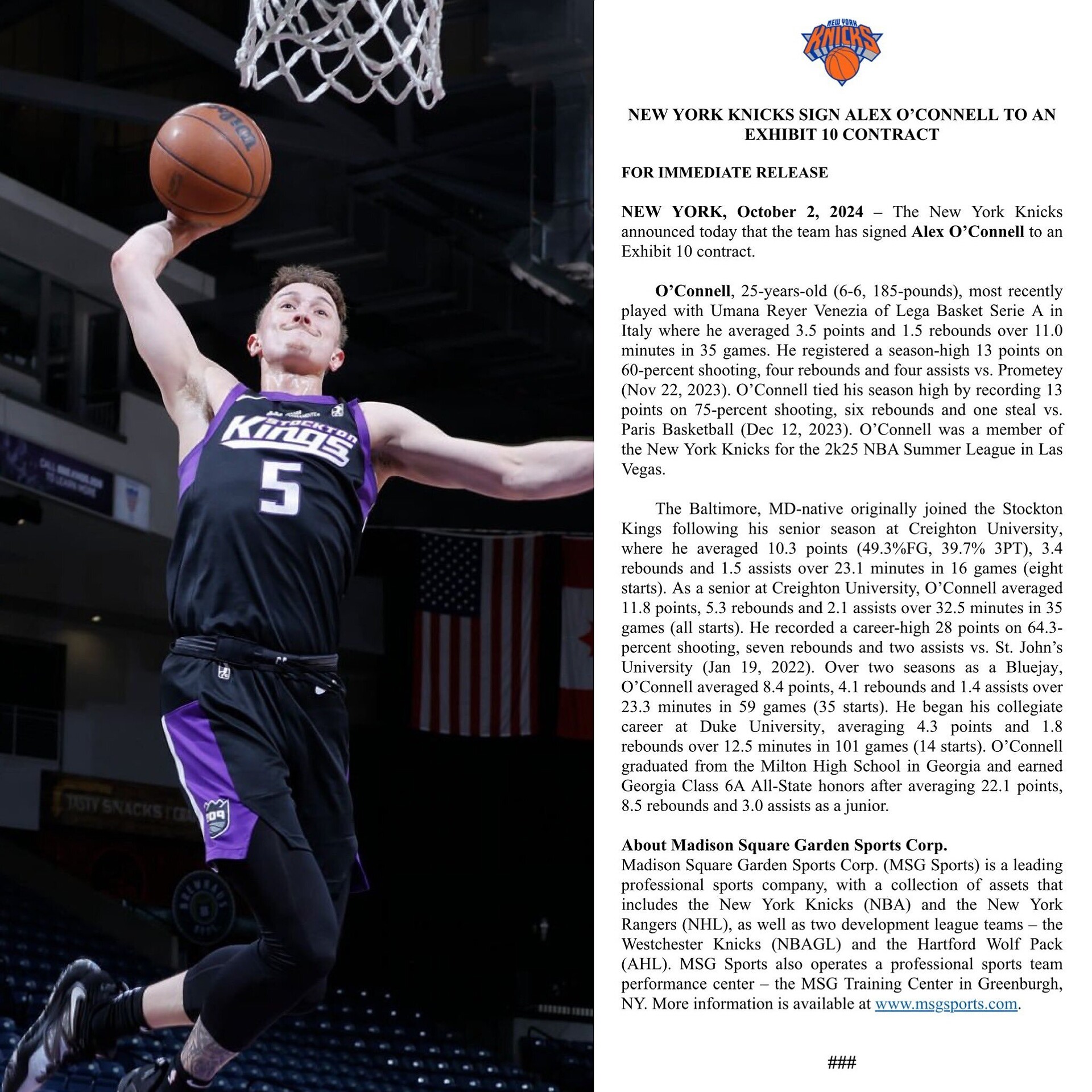 알렉스 오코넬과 Exhibit 10일 계약을 맺은 뉴욕 닉스 - MANIA