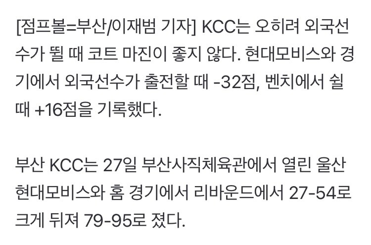 '용병 딜레마' KCC, 뛸때 -32점, 쉴때 +16점 - MANIA