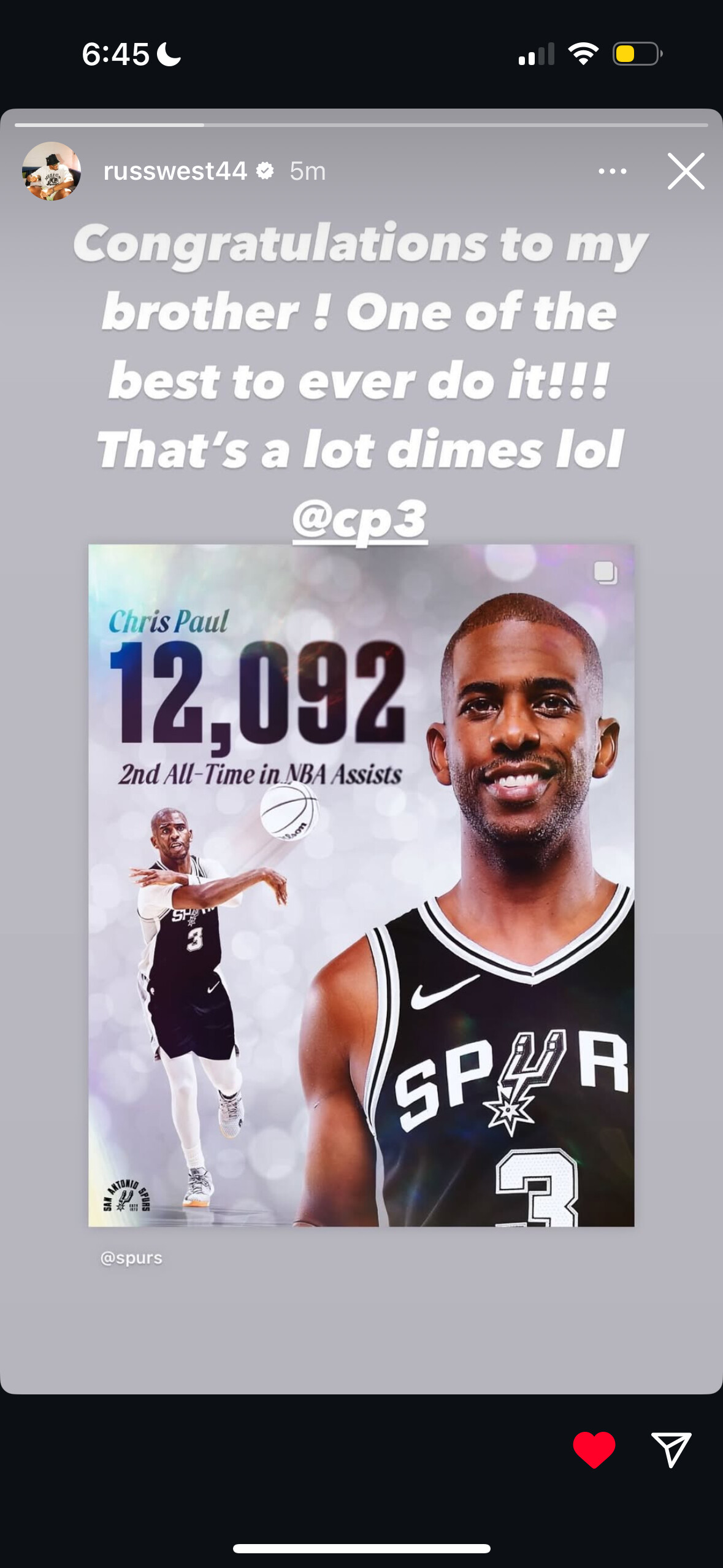 웨스트브룩도 cp3에게 축하 메세지를 올렸네요 - MANIA