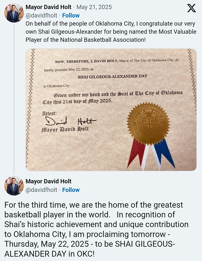 2025년 5월 22일을 Shai Gilgeous-Alexander Day로 선포한 OKC 시장 - MANIA