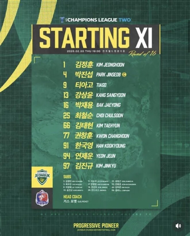 전북 ACL2 16강 2차전 선발라인업이던데.. - 세리에매니아